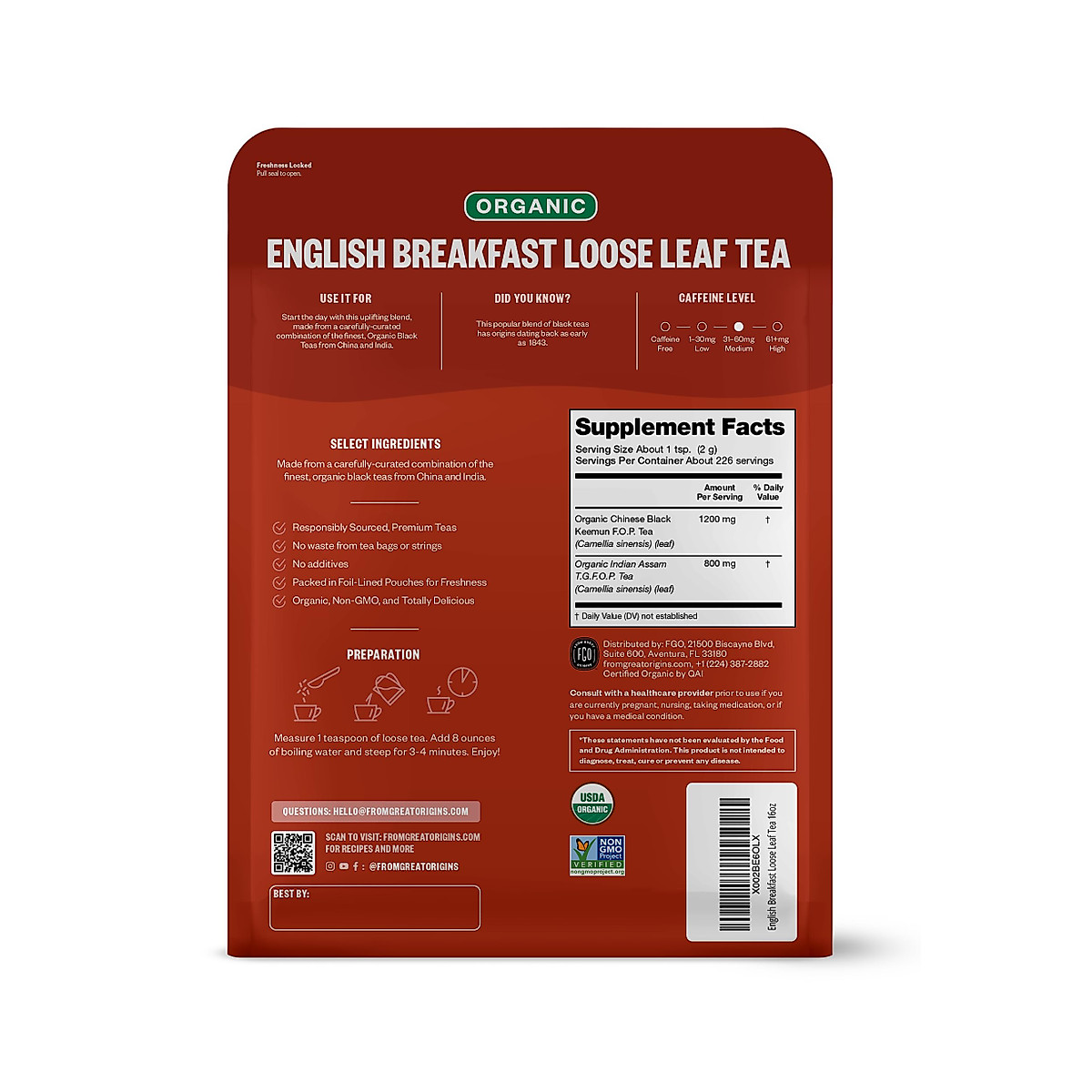 FGO Organic English Breakfast Black Tea, Loose Leaf, 16 Ounce Bulk Resealable Bag, Packaging May Vary (Pack of 1)
