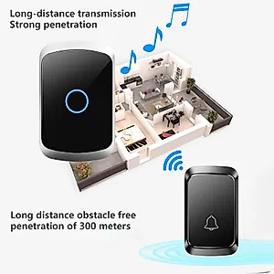 JASKFLY Wireless Doorbell, Battery Powered Mini Door Bell Kit with 34 Chimes 4 Volume Levels, Waterproof Door Chime Kit Operating at 900 Feet for Home/Classroom/Office