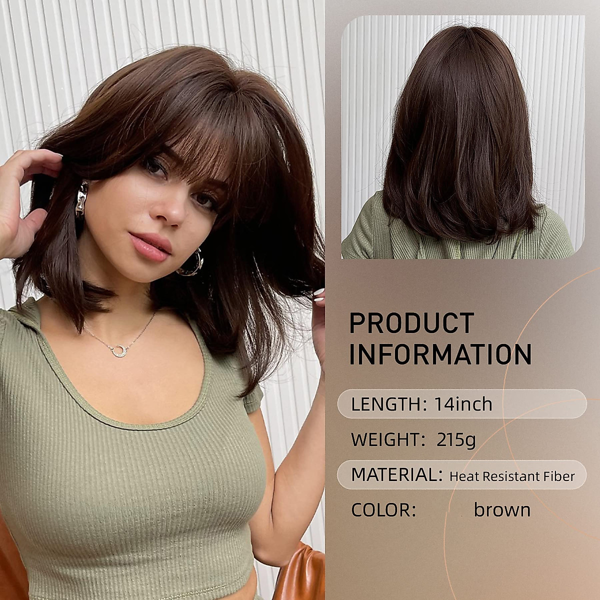 Kuefhs Brown Bob Wig with Bangs, Brown Wigs for Women Short Brown Wig Synthetic Wig 150% Density Synthetic Wigs with Bangs This Brown Bob Wig is Slightly Reddish in the Sun