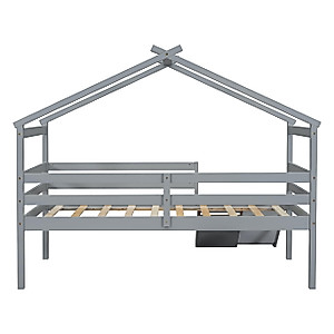 Bellemave Twin Size Kids Low Loft Bed,House Loft Bed with Slide and Ladder,Solid Wood Low Loft Bed with Safety Guardrails for Girls Boys,Grey