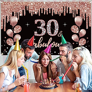 30th Birthday Decorations 30 & Fabulous Birthday Banner for Women, Rose Gold 30 Birthday Theme Sign Party Supplies, Thirty Year Old Bday Background Photo Booth for Indoor Outdoor