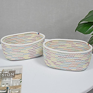 【2 Pack】ABenkle Small Woven Baskets, Tiny Oval Shallow Storage Baskets, Mini Cotton Rope Empty Decorative Basket, Boho Little Organizer Bins for Bathroom, Cat Dog Toy Gifts Baskets