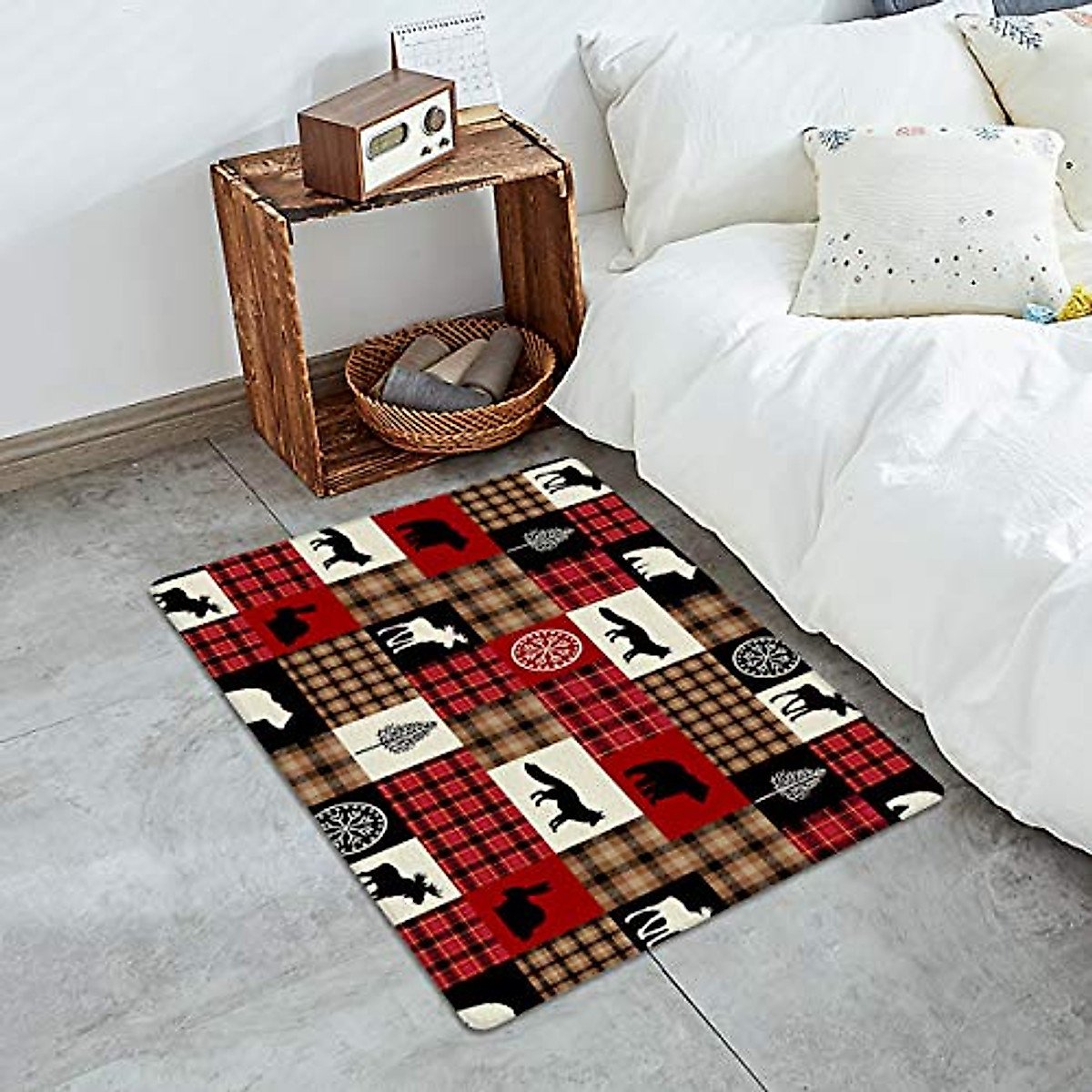 Kitchen Floor Door Mat,Christmas Red and Black Buffalo Check Plaid Bear Elk Wolf Tree Non Slip Kitchen Mats PVC Rugs for Bathroom,Floor Home,Office,Sink,Laundry,18"x47"