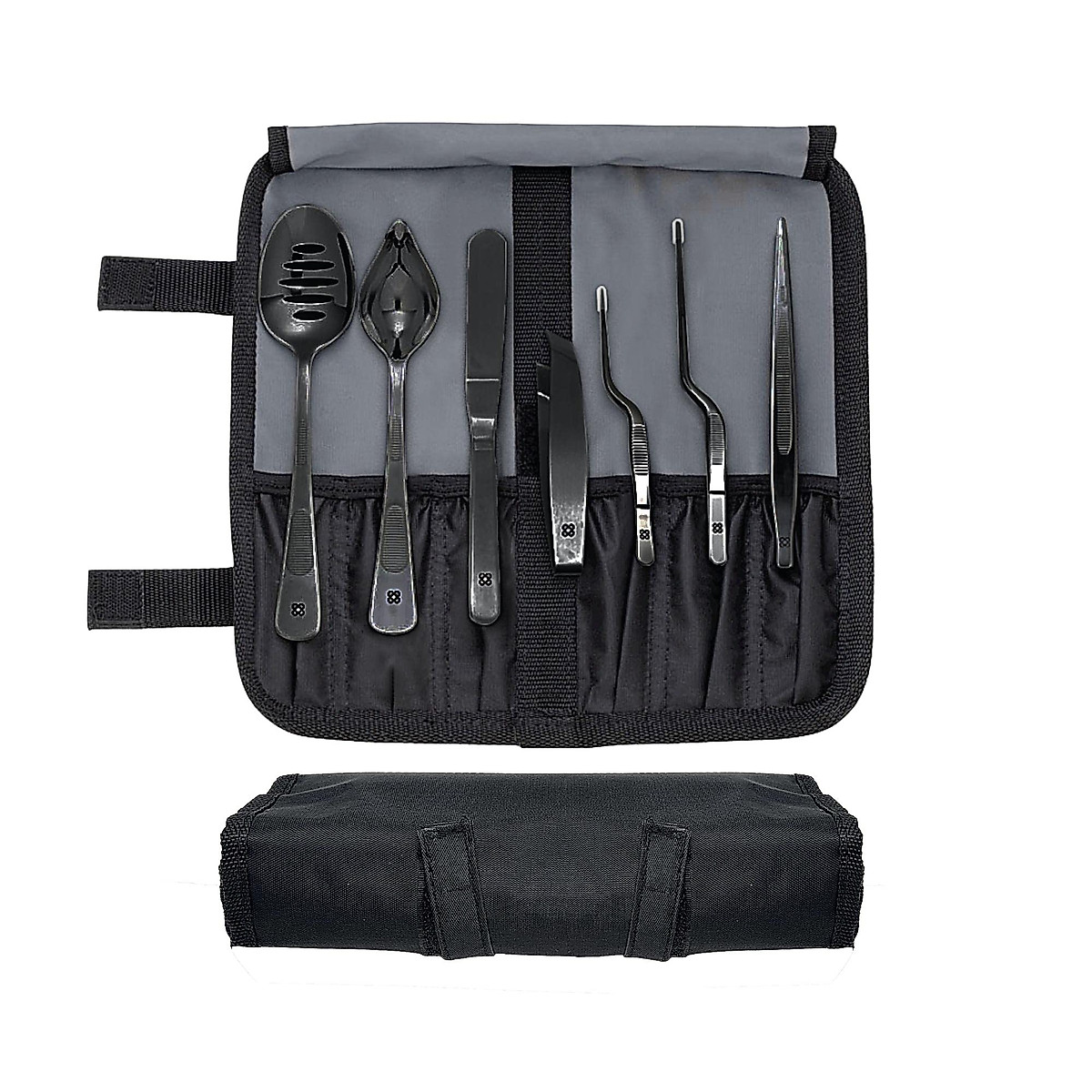 DOJA Barcelona | Chef Plating tools culinary set | BLACK | 7 Professional cooking Utensils | 3 kitchen tweezers Drawing Pencil Spoon Fish tongs Spatula Slotted spoon | Modernist cuisine food art