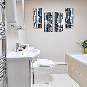 Qunclay Set of 4 Blue and Black Striped Bathroom Wall Art Grey and White Relax Soak Unwind Breathe Wall Art Farmhouse Rustic Wood Bathroom Wall Decor Hanging Modern Wooden Printed Sign, 11 x 4 Inch