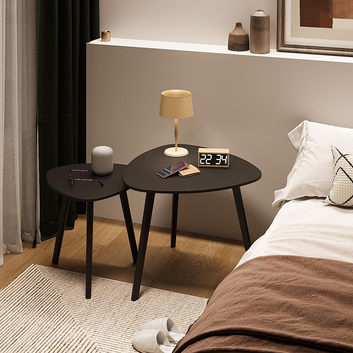 BAMEOS Bamboo Nesting Triangle End Table,Set of 2 Coffee Table Modern Minimalist Side Table for Living Room (Black)