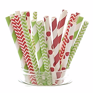 Merry Christmas Straws (25 pack) - Holiday Favors, Cake Pop Sticks, Christmas Decoration, Candy Cane Red Stripe & Christmas Tree Green Straws