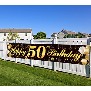 Happy 50th Birthday Banner,Birthday Party Sign Backdrop Banner For Men Women Cheer to 50 Years,Durable Black&Gold Glitter Birthday Sign Yard Sign For 50th Birthday Party Decoration Supplies(50 Black)