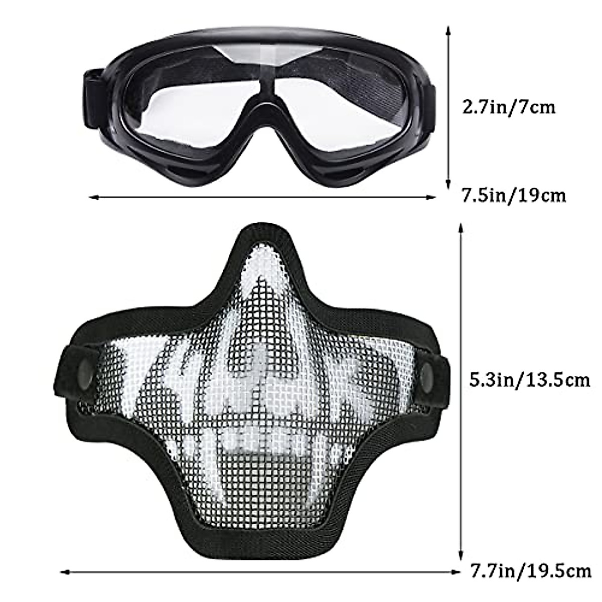 AOUTACC Airsoft Half Face Mask Steel Mesh and Goggles Set, Skull Tactical Masks Protection Gear for Paintball BBS CS Nerf Game Cosplay Halloween Costume Accessories (Black Skull)