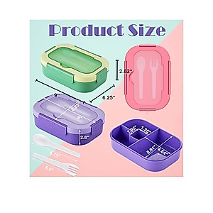 Cheardia 3 Pack Bento Lunch Box for Kid, 44 oz 4-Compartment Food Containers with Fork and Spoon BPA-Free Lunch Containers for Adults, Work, Microwave and Dishwasher Safe, Purple, Pink, Green