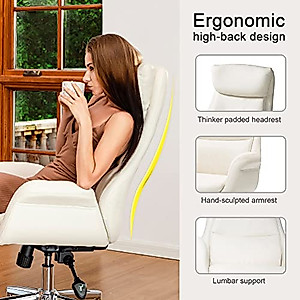 glitzhome Modern Executive Home High-Back Office Chair - Leather Adjustable Swivel Desk Chair with Armrest(Cream)