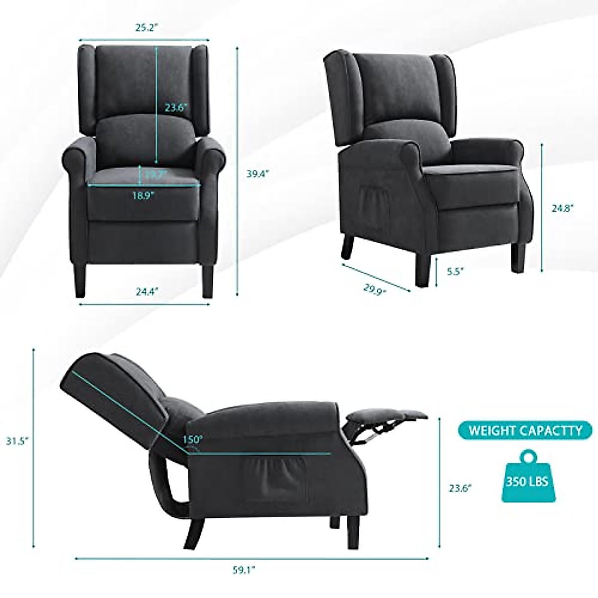 LEISLAND Wingback Recliner Chair for Living Room Fabric Lazyboy Push Back Chair with Heat and Massage, Tufted Armchair with Padded Seat,Grey(Set of 2)