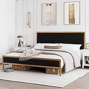 HIFIT King Size Bed Frame, King Bed Frame and Headboard, Heavy Duty Metal Foundation, Upholstered Bed Frame with Velvet Tufted Headboard, Wood Slats Support, No Box Spring Needed, Gold and Black