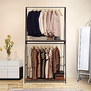 Finnhomy Rustic Clothes Rack for Hanging Clothes Heavy Duty Clothing Garment Racks with 2-Tier wood Shelves, Metal Freestanding Closet Storage Rack Double Hanging Rails for Bedroom/Boutique