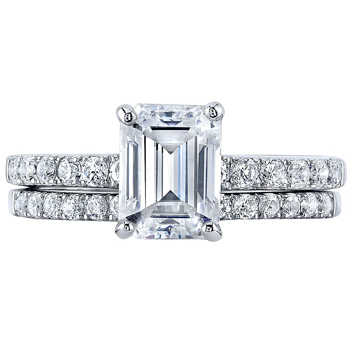 PEORA Moissanite Emerald Cut Engagement Ring and Wedding Band Bridal Set in Sterling Silver, 2 Carat Center, DE Color, VVS Clarity, Size 4.5