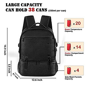 Insulated Cooler Backpack 38 Cans Leakproof Lightweight Lunch Backpack with USB Double Deck Small Cooler Backpack with Cooler Compartment for Work Beach Picnic Travel Trip Men Women (Black)