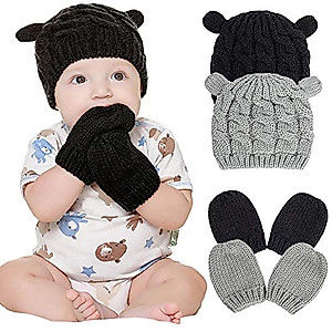 Newborn Winter Beanie Hat Gloves Set for Baby Girls Boys, Infant Toddler Warm Knitted Hat Gloves, Unisex-Baby Beanies (0-1 Months, Gray & Black)