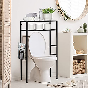 MyGift Modern Matte Black Metal Over The Toilet Shelf 2 Tier Storage Rack with Magazine Holder Basket
