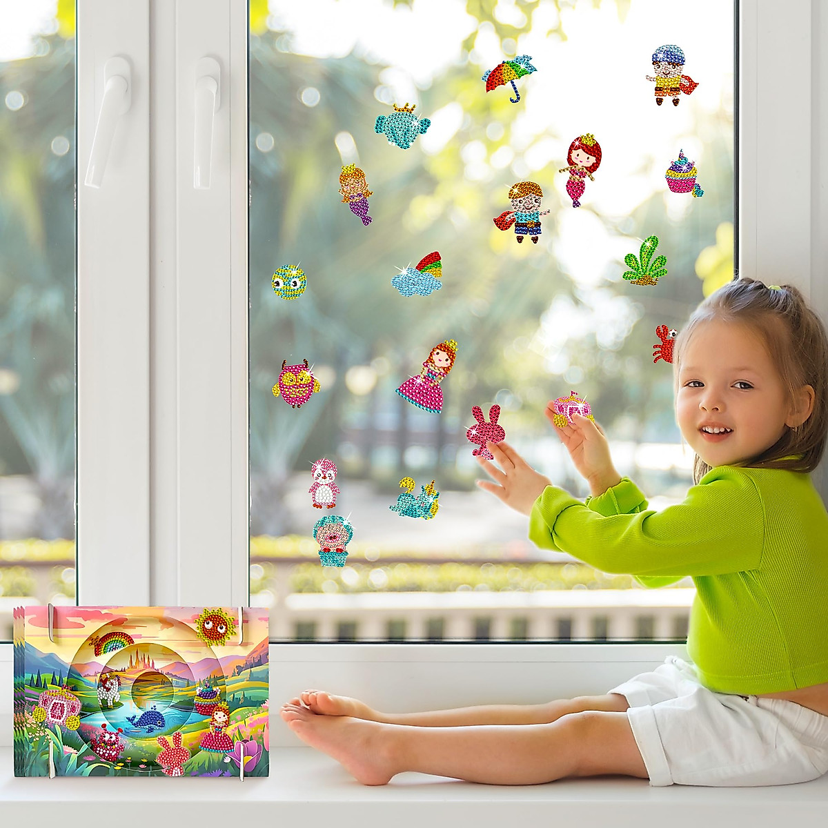 Diamond Art Painting Stickers Kits, 56 PCS 5D DIY Diamond Art Stickers for Beginners, Cute Animals, Princesses, Unicorns Gem Stickers Crafts for Kids, Gift for Girls (with 3D Background Display Card)