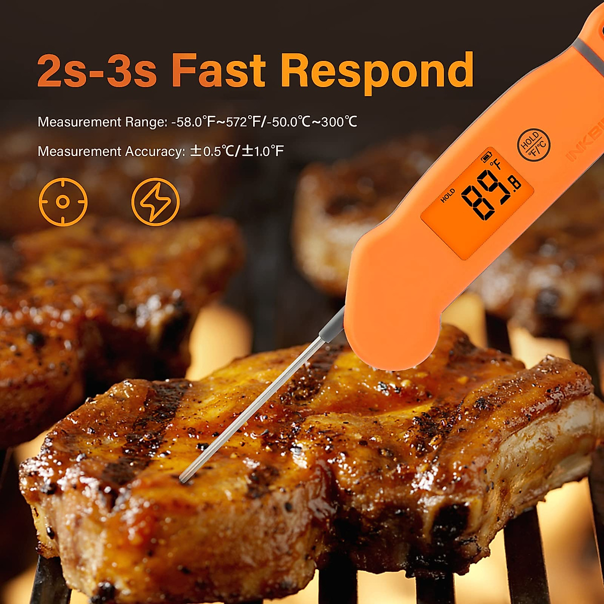 Inkbird Rechargeable Meat Thermometer IHT-1S, Instant Read Meat Thermometer Waterproof Digital Food Cooking Thermometer, Kitchen Food Thermometer for Grill, BBQ, Smoker, Turkey, Homebrewing, Coffee
