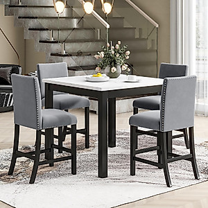 Counter Height Dining Table Set for 4, Farmhouse Kitchen Table Set with Faux Marble Tabletop and 4 Upholstered Chairs, Wooden Table and Chairs Set for Kitchen, Dining Room, Small Space, Grey