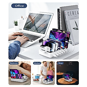 Honcila Charging station for multiple devices, 50W 6 Ports Multi Charger Station Charging Dock with Groove Design and 6 Mixed Charging Cables for iPhone, iPad, Kindle, Tablet, Cellphone and Others