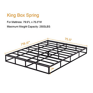 Bednowitz King Bed Frame Low to Ground, 7 Inch High Profile Metal Box Spring with Fabric Cover Set, Heavy Duty Noise-Free Mattress Foundation, Easy Assembly