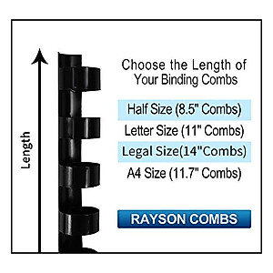 Rayson CR-12-100-M Plastic Binding Combs 1/2in. 21-Ring, 90-Sheet Capacity, Colorful Comb Binding Spines, Max. Binding A4 Size Paper (8.3"×11.7"), Box of 100