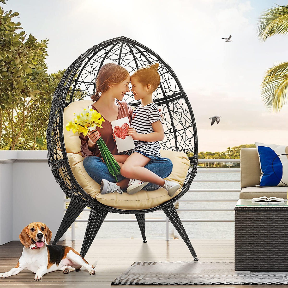 YITAHOME Egg Chair Wicker Outdoor Indoor Oversized Large Lounger with Stand Adjustable Leveling Feet Cushion Egg Basket Chair 350lbs Capacity for Patio, Garden Backyard Balcony, Beige