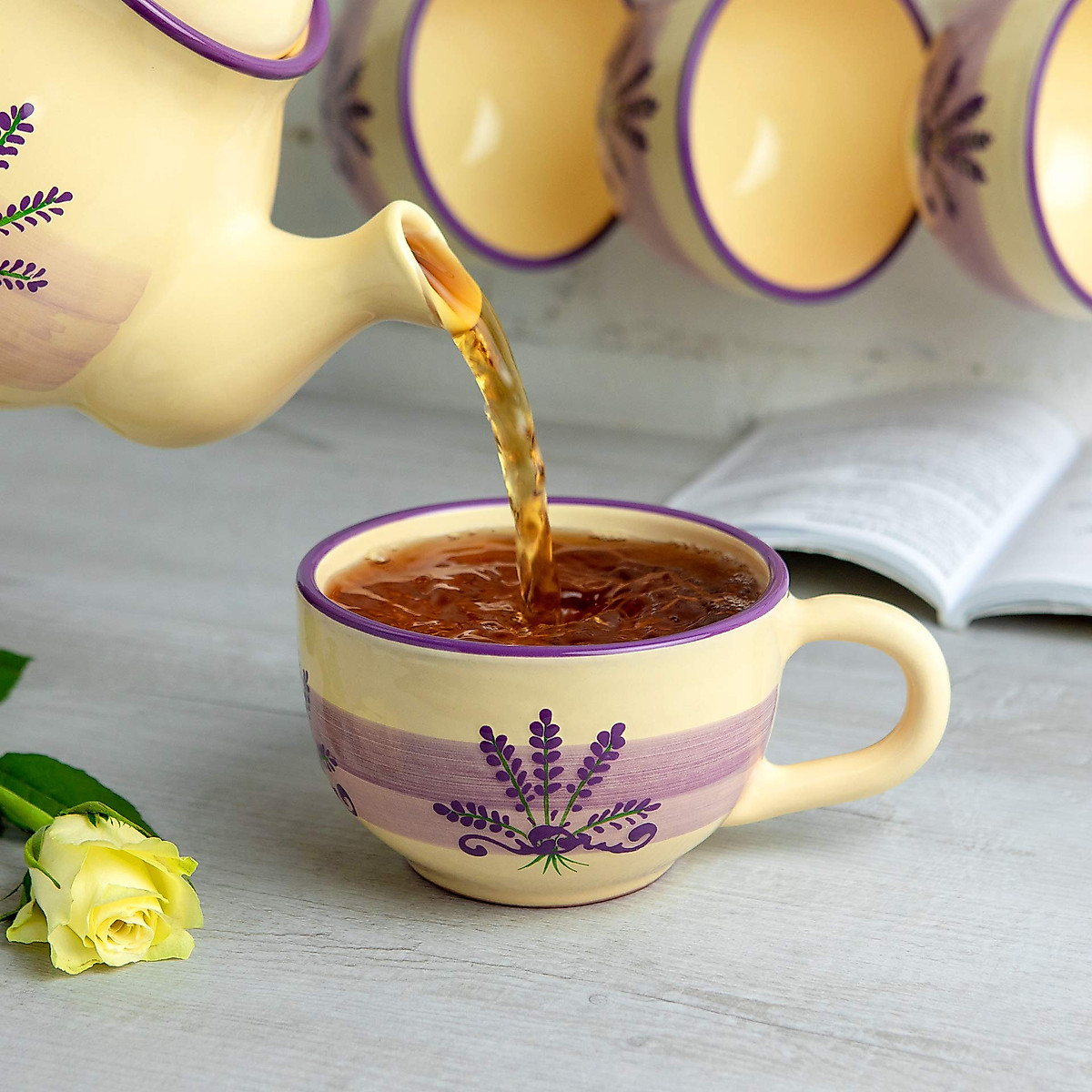 City to Cottage Handmade Ceramic Designer Lavender Floral Purple and Cream Cup, Unique Extra Large 17.5oz/500ml Pottery Cappuccino, Coffee, Tea, Soup Mug | Housewarming Gift for Tea Lovers