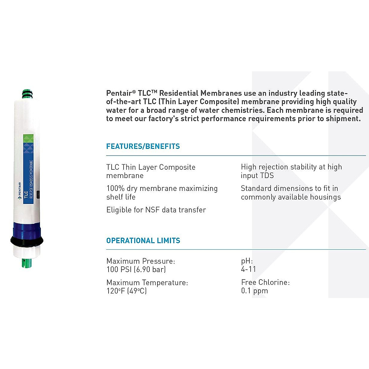 Pentair Pentek TLC-50 Reverse Osmosis Membrane, TLC Thin Layer Composite Residential Membrane Replacement, 50 GPD Flow Rate