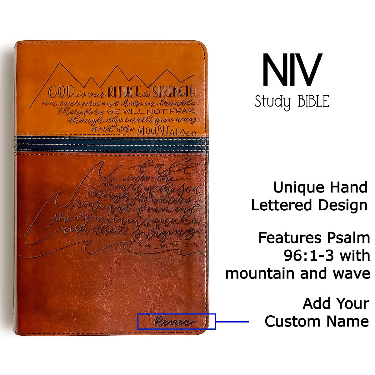 NIV Study Bible, Brown and Blue, Hand Illustrated & Laser Engraved, Custom Name Engraving Available, Personalized Gift for Birthday, Graduation, Baptism, Wedding or Anniversary