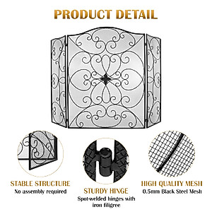 POWLAB Black Fireplace Screen 50 x 36Inch Large 3 Panel Foldable Wrought Iron Free Standing Fireplace Screen Rustic Vintage Arched Mesh Furnace Fireguards Outdoor Iron Protector Fireplace Cover