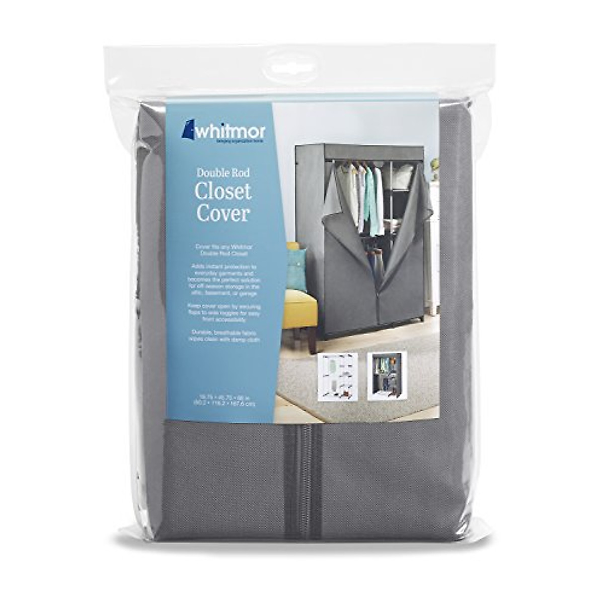 Whitmor COVER ONLY for Double Rod Closet with Heavy Duty Zipper - Gray
