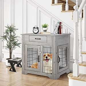 IDEALHOUSE 32 Inch Furniture Style Dog Crates – Chew-Proof Indoor Casual Home Wooden Pet Crate, Indoor Pet Crate Side Table, Wood Look Dog Kennel End Table with Drawer, Grey