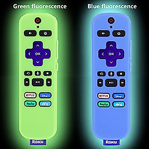 [2 Pack] Remote Cover (Glow in The Dark) Compatible with Roku Voice Remote, Pinowu Anti Slip Silicone Cover Compatible with Roku Players and Roku TVS Voice Remote (Green and Blue)