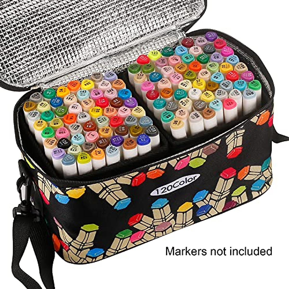 Toprema New Marker Pen Case Holder for 120 Markers Organizer Multifunctional Zipper Storage Carrying Bag with Pattern Black