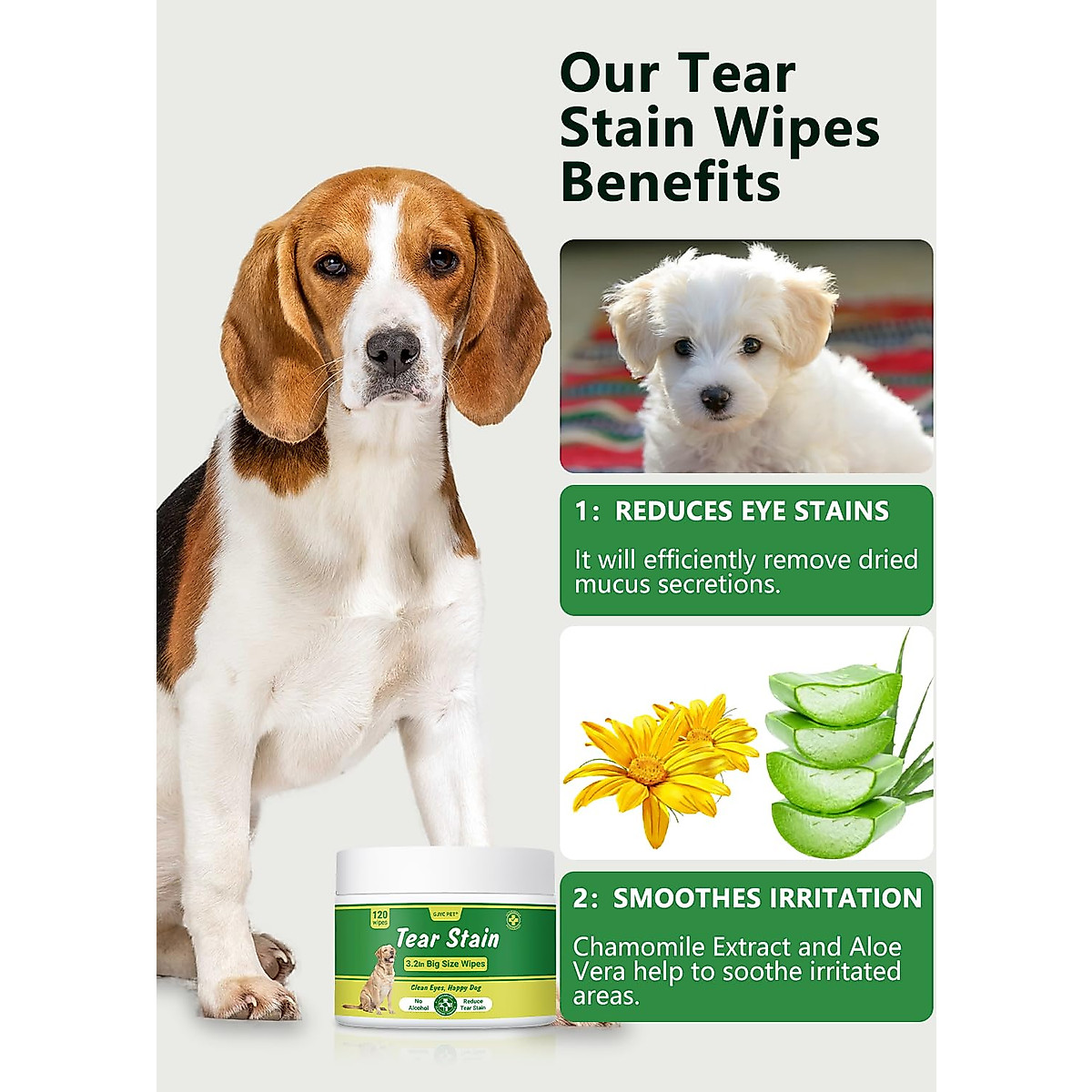 Pet Tear Stain Wipes - Dog Tear Stain Remover, Dog Eye Wipes, Gentle Formula for Cats & Dogs, Fast Care for Clean Fur (Large Size 120ct)