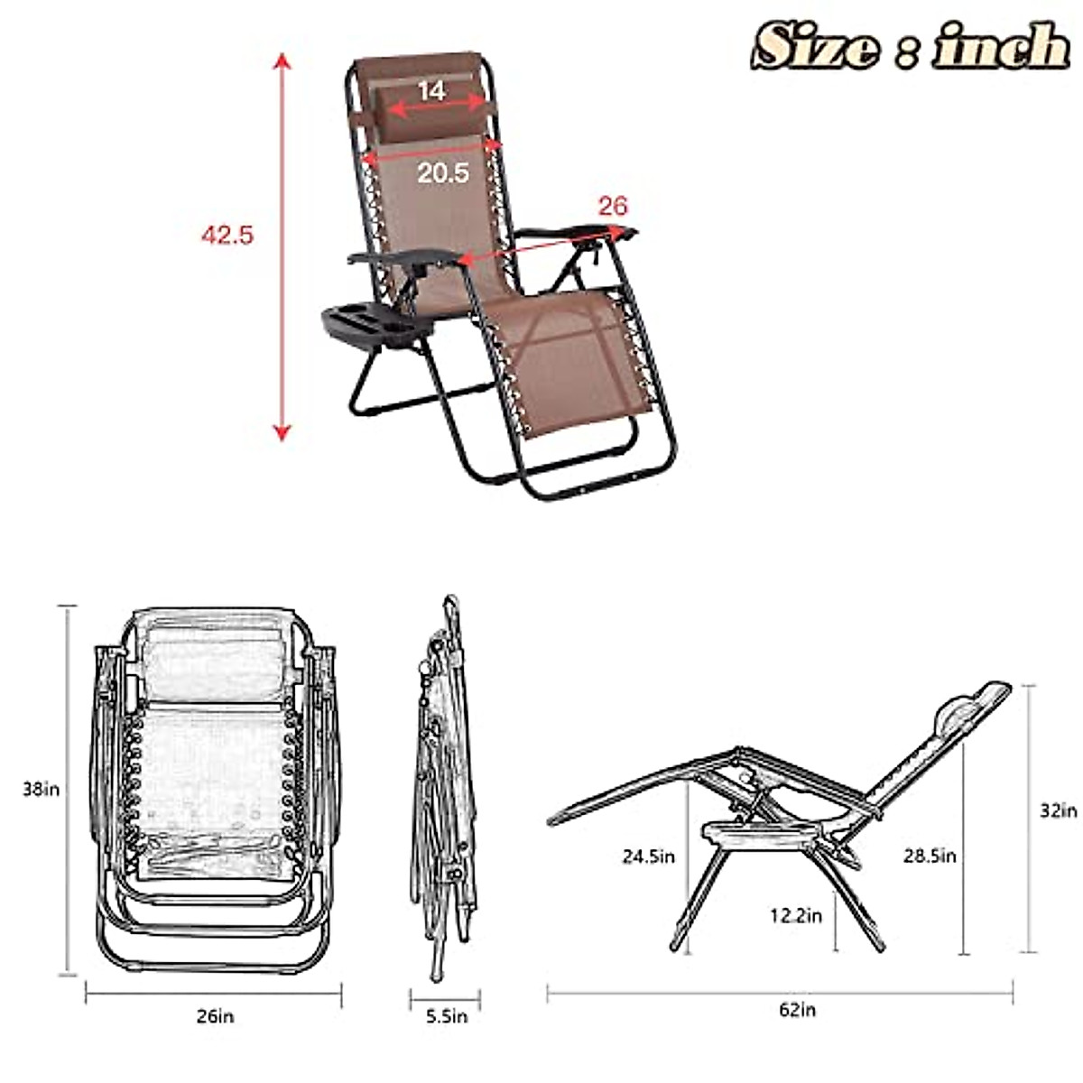 BSTOPHKL Zero Gravity Chair Outdoor Zero Gravity Folding Reclining Lounge Chair,1 Pack Adjustable Patio Lawn Lounge Chairs with Pillows and Cup Holder for Poolside/Backyard/Lawn/Camping (Brown)
