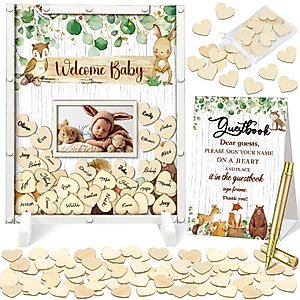 Beeveer 65 Pcs Baby Shower Guest Book Alternatives He or She Gender Reveal Baby Shower Decorations Sign in Guest Book with Picture Frame and 60 Wooden Chip for Baby Shower(Green,Woodland Animal)