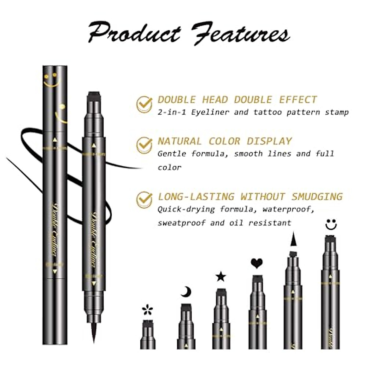 LOKFAR 6 Pcs Double-Side Liquid Eyeliner Stamp Pen Set, Eye Liners for Women Waterproof Eyeliner Pencil Black Eye-liner Stencils Long-Lasting Tattoo Makeup-Triangle,Star,Moon,Heart,Flower,Smiley