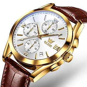 OLEVS Brown Leather Watch Men Chronograph Gold Case Analog Quartz Fashion Business Dress Large Face Men Watch Multifunction Luminous Waterproof Casual Male Wrist Watch White Dial Reloj para Hombre