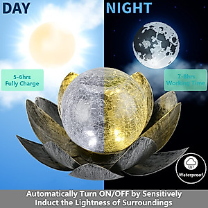 Solar Lotus Metal Flower Light Outdoor Waterproof Garden LED Powered Amber Crackle Ball Lamp for Lawn Patio Yard Tabletop Decor (Lotu - Grey A1)