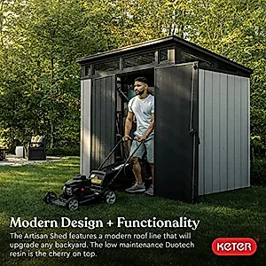 Keter Artisan 7x7 Foot Outdoor Shed with Floor-Modern Design for Patio Furniture Lawn Mower, Tools, and Bike Storage, Grey
