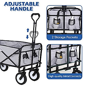 Utility Wagon Outdoor Collapsible Folding Wagon Cart, Portable Garden Cart - Heavy Duty Beach Cart with Adjustable Handles, All-Terrain Wheels and Cup Holders for Garden, Camping, Park Picnic (White)