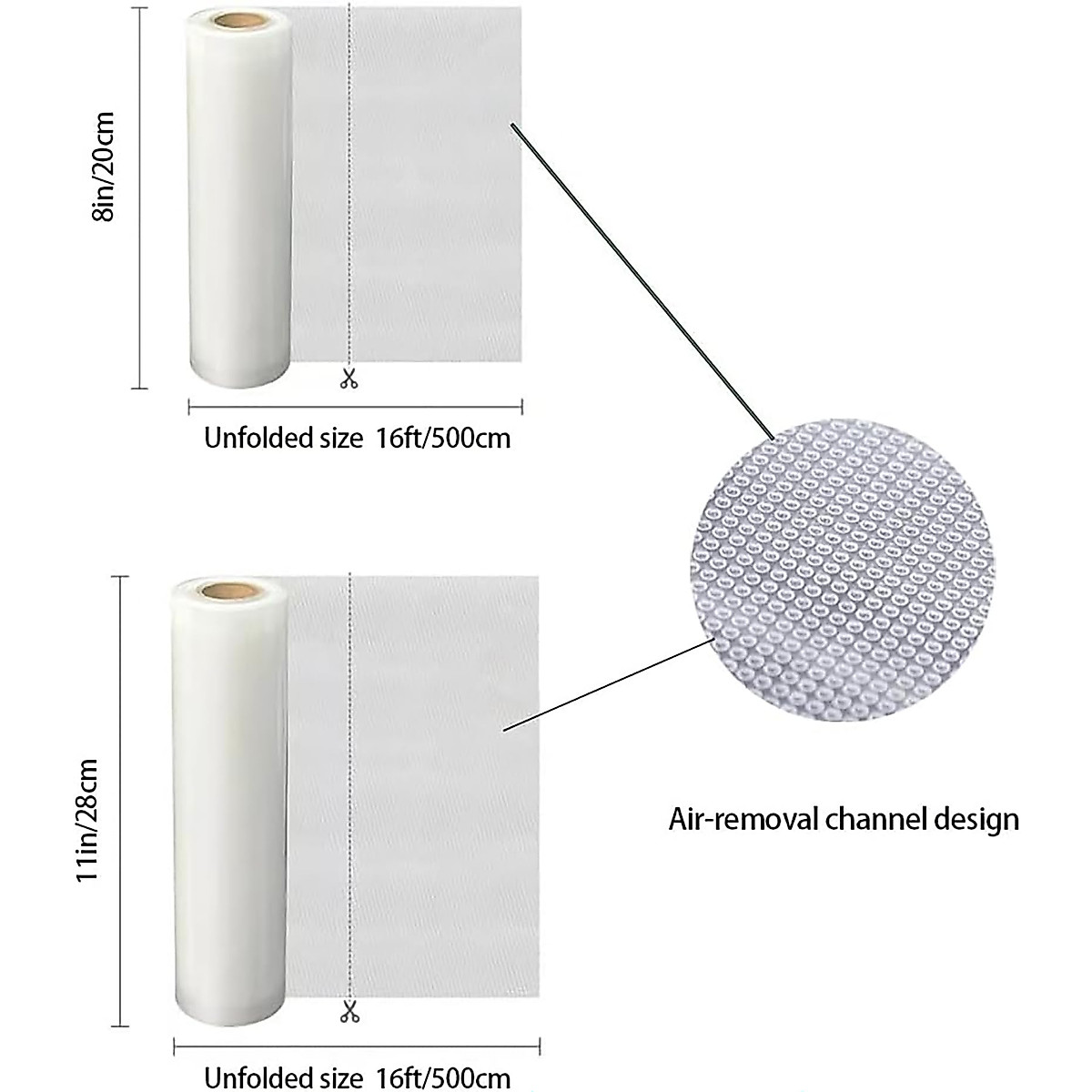 SULUNZEGER Vacuum Sealer Bags, 2 Rolls 8"X16' and 2 Rolls 11"X16' Airtight Food Storage Bag, Sous Vide Roll with Bags Cutter for Vacum Sealing Machine, Microwave Freezer Safe, BPA Free (Transparent)