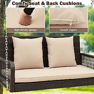HAPPYGRILL Porch Swing Outdoor 2-Person Hanging Bench Chair with Seat & Back Cushions, Heavy-Duty Metal Structure & 2 Hanging Chains, Wicker Rattan Woven Loveseat Swing for Front Porch Backyard