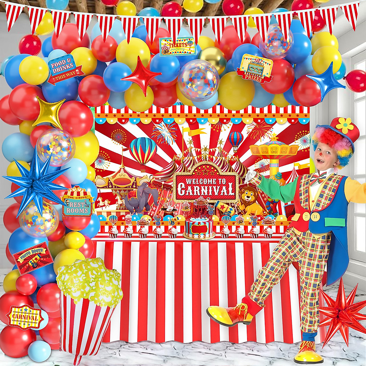 Carnival Party Decorations Circus Theme Birthday Party Supplies Including Red Blue Yellow Balloon Garland Arch Kit Table Skirt Circus Directional Sign Triangle Bunting for Birthday Party