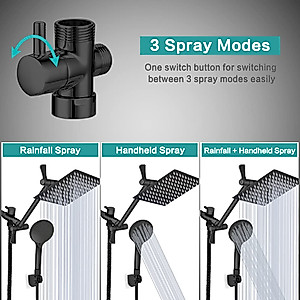 Shower Head, 8‘’ High Pressure Rainfall/Handheld Shower Combo with 11'' Extension Arm, 9 Settings, Anti-leak Shower Head with Holder, Height/Angle Adjustable, Chrome, Matte Black