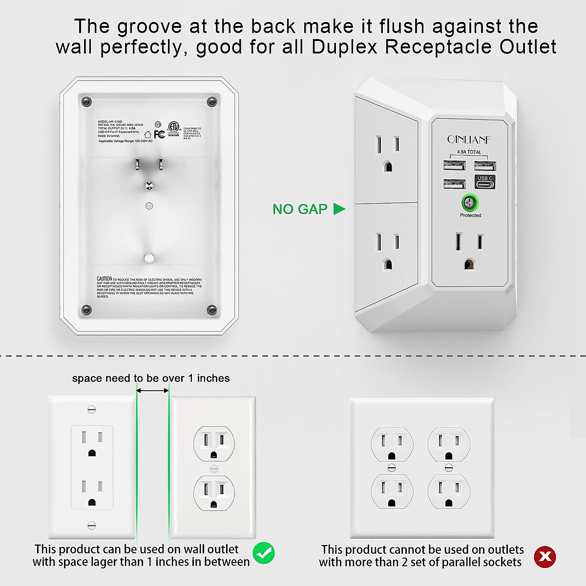 Wall Charger, Surge Protector, QINLIANF 5 Outlet Extender with 4 USB Charging Ports (4.8A Total) 3-Sided 1680J Power Strip Multi Plug Adapter Spaced for Home Travel Office (3U1C)